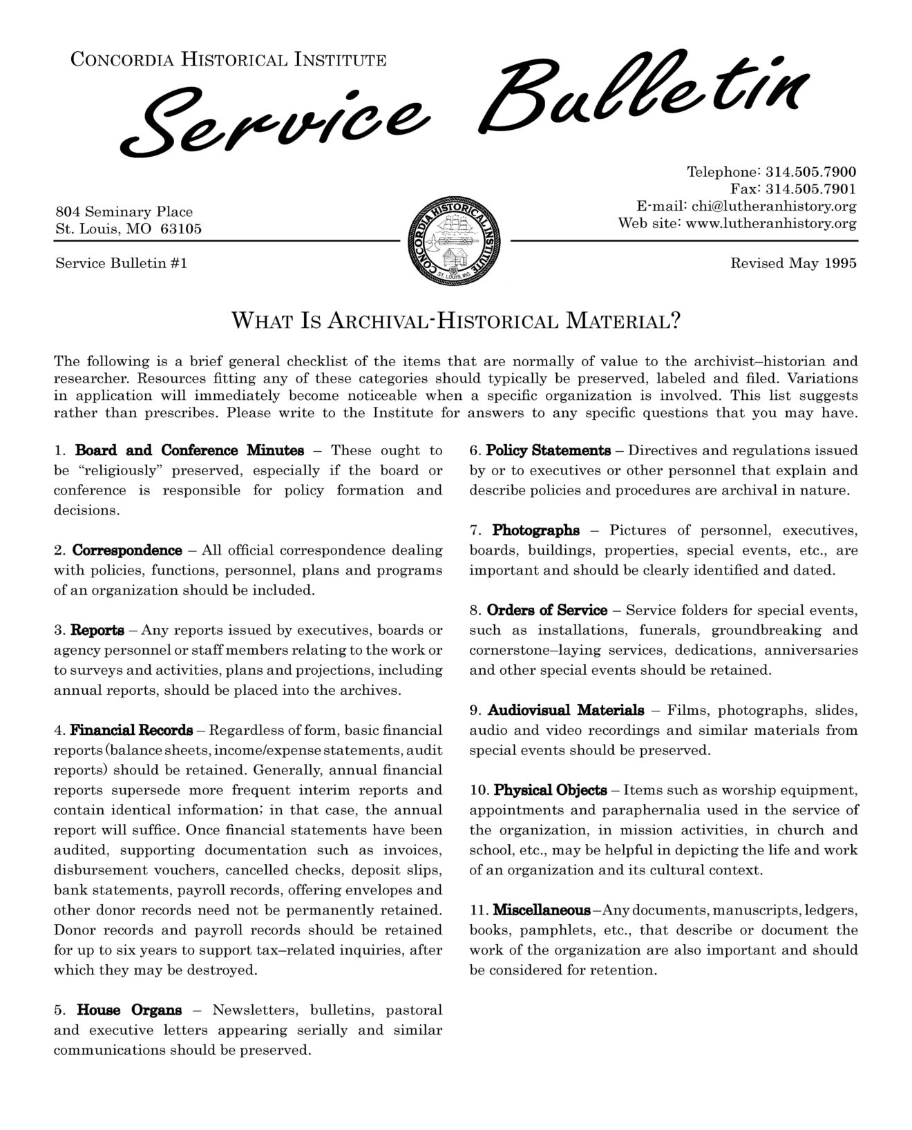 Information Sheets - Concordia Historical Institute