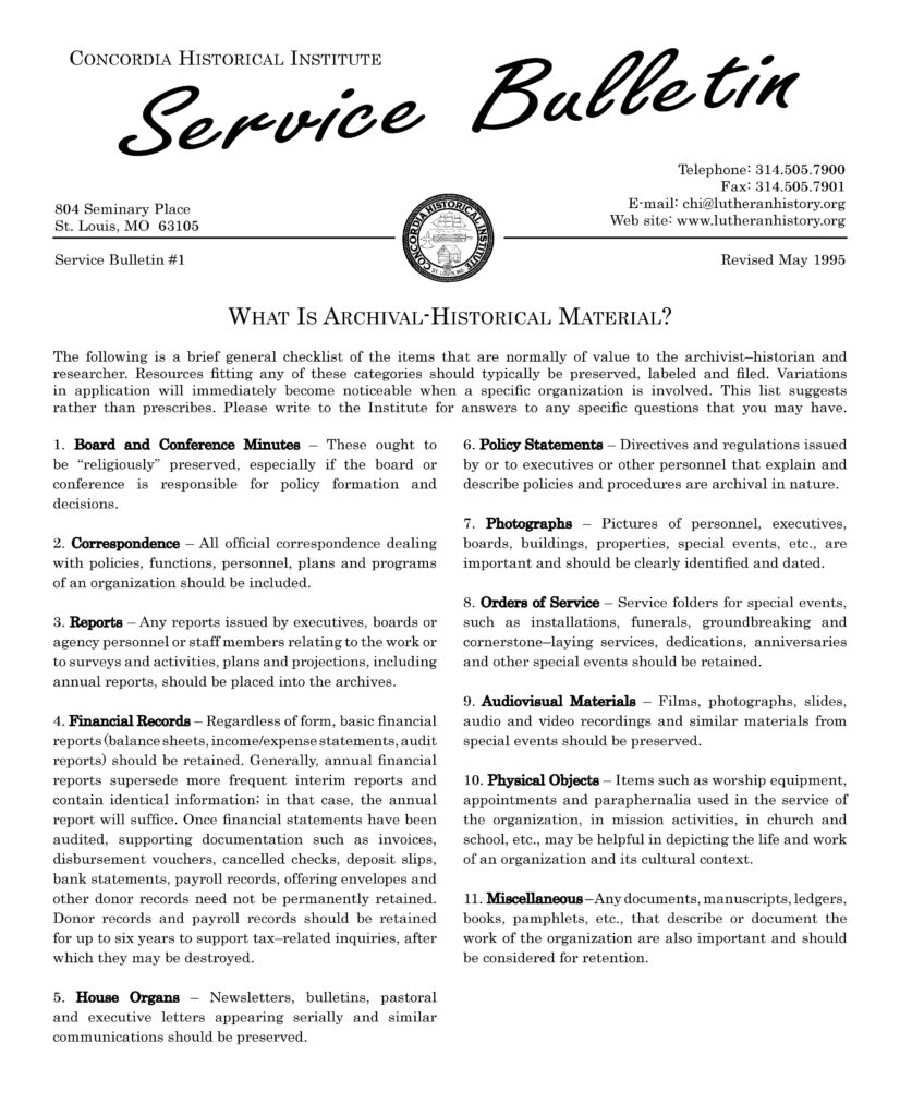 Information Sheets - Concordia Historical Institute